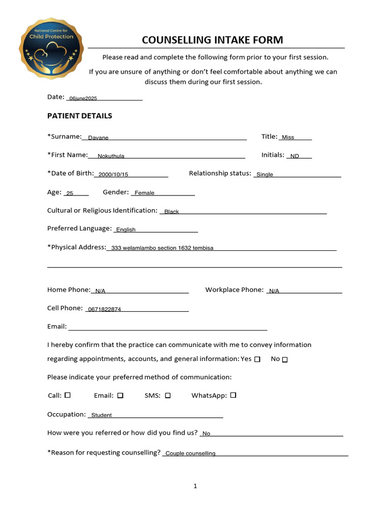 Counseling Intake Form ' | PDF