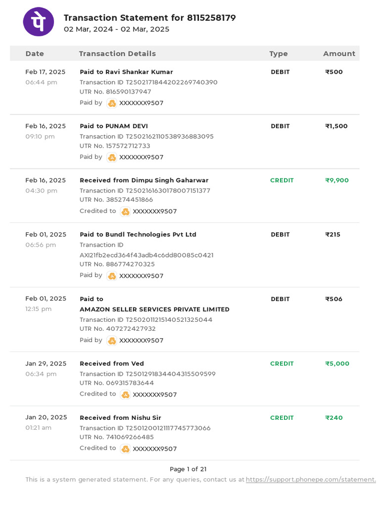 PhonePe Statement Mar2024 Mar2025 | PDF | Debits And Credits | Debit Card