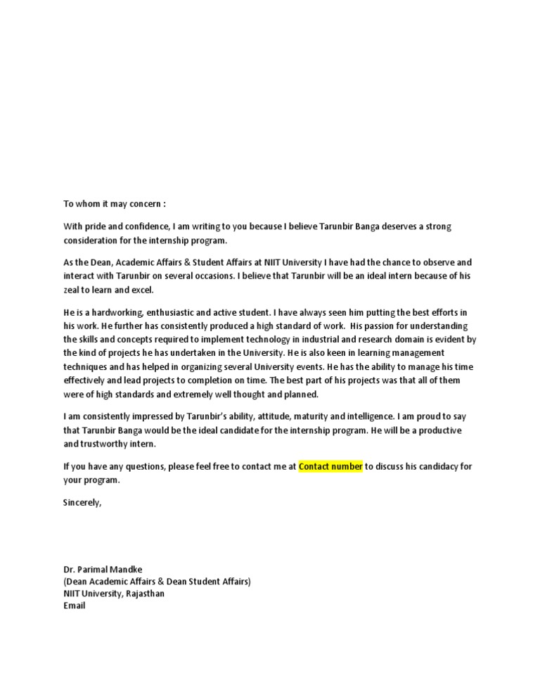 Internship Recommendation Letter | PDF