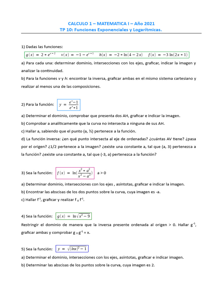 TP10. Cálculo Exponenciales y Logaritmicas | PDF | Función (Matemáticas) | Sistema de ...