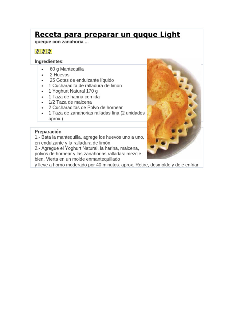 Receta para Preparar Un Queque Light | PDF