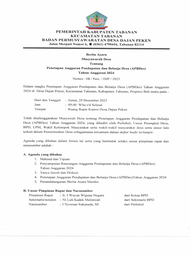 Ba Penetapan Apbdes Ta 2024 | PDF