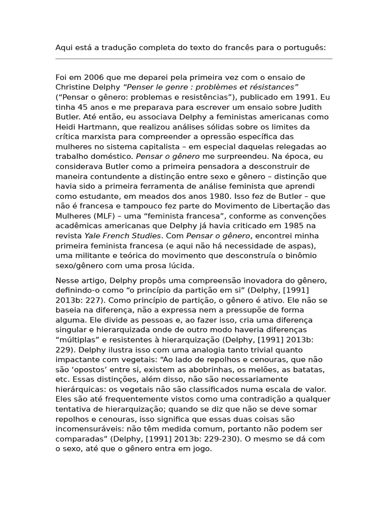 Delphy e a Crítica ao Gênero e Sexo | PDF | Gênero | Estudos de Gênero
