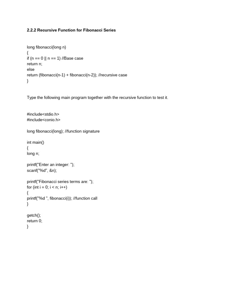 2.2.2 Recursive Function For Fibonacci Serie | PDF