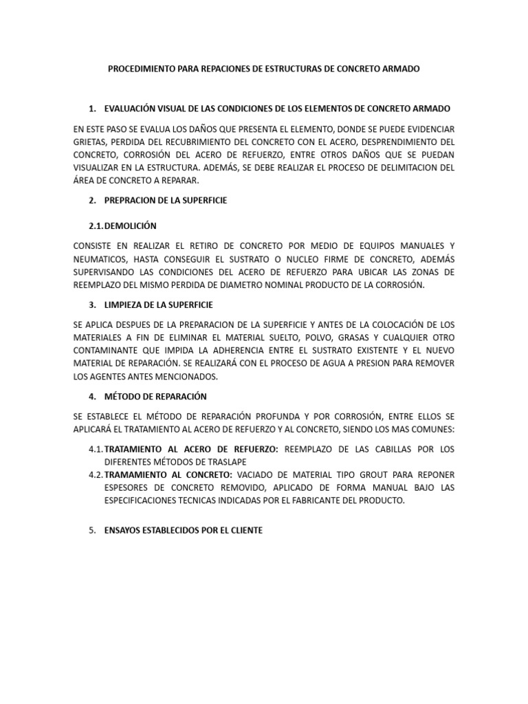 Procedimiento para Repaciones de Estructuras de Concreto Armado | PDF