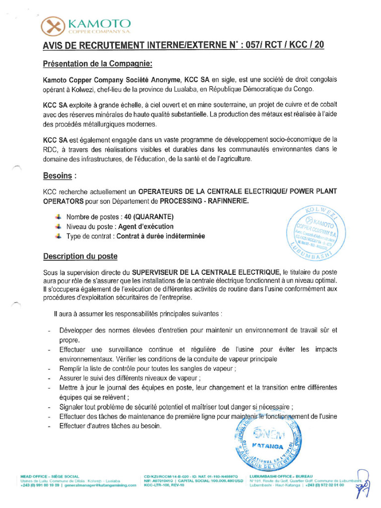 Avis de Recrutement Interne Et Externe Power Plant Operators 057 | PDF