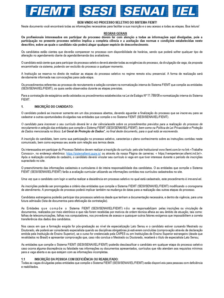 Regras do Processo Seletivo FIEMT | PDF | Privacidade de informações ...