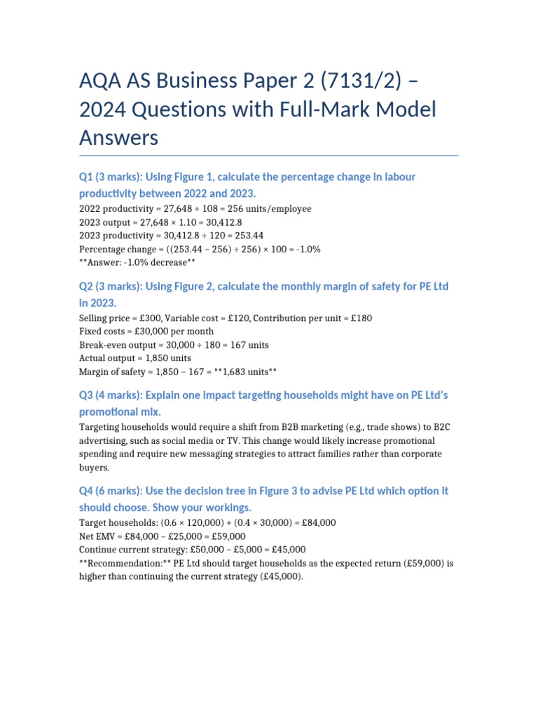 AQA As Business Paper2 2024 Questions and Model Answers | PDF | Private ...
