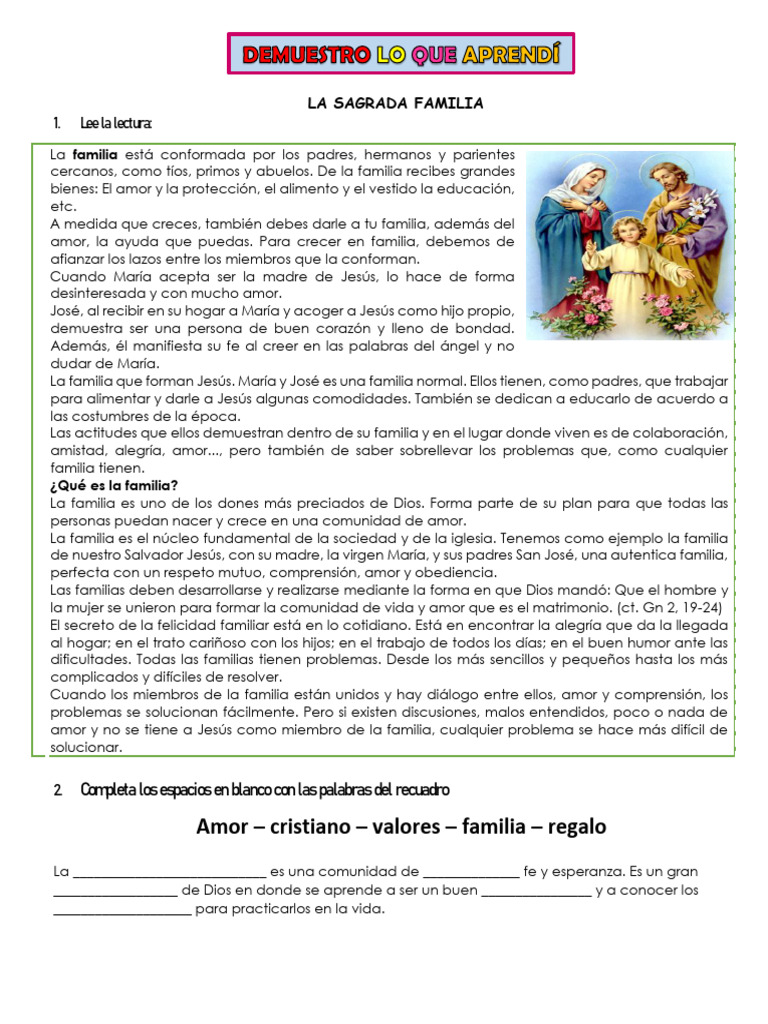 La Sagrada Familia Lectura Ficha | PDF | Amor | María, madre de Jesús