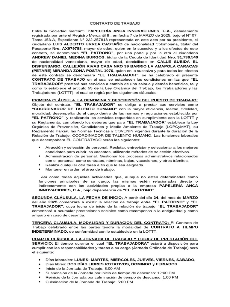 Contrato de Trabajo Coordinador Talento Humano | PDF | Gestión de ...