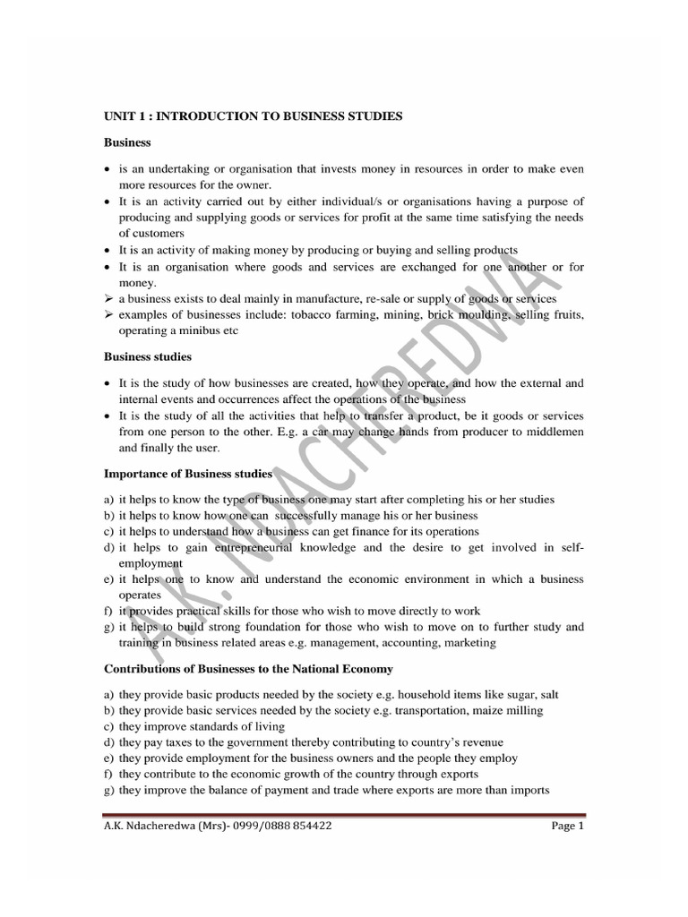 Form 1 & 2 Business Studies Notes-1-1 | PDF