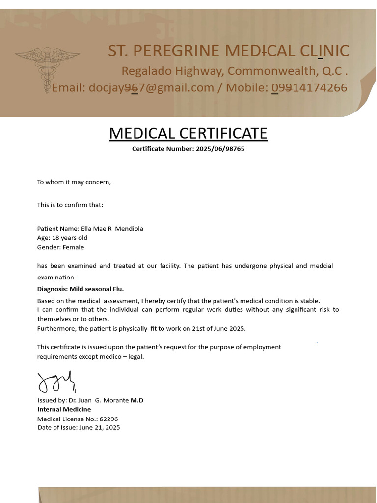 Fit to Work Medical Certificate Sample | PDF