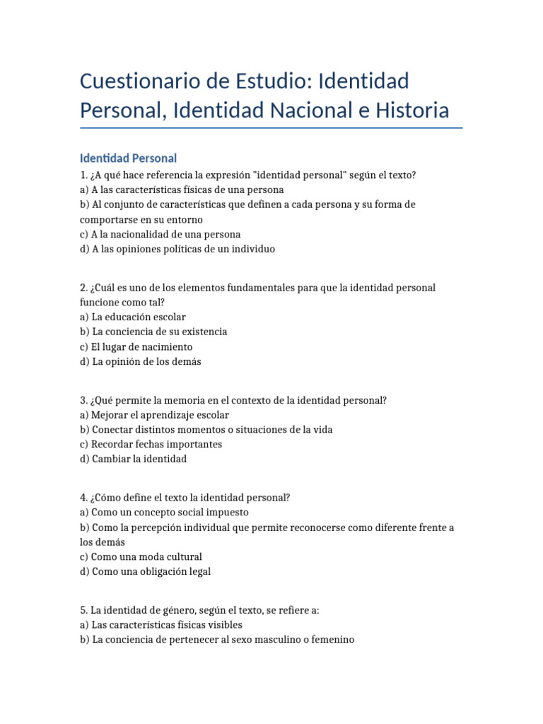 Cuestionario sobre Identidad y Historia | PDF | Institución | Sociedad