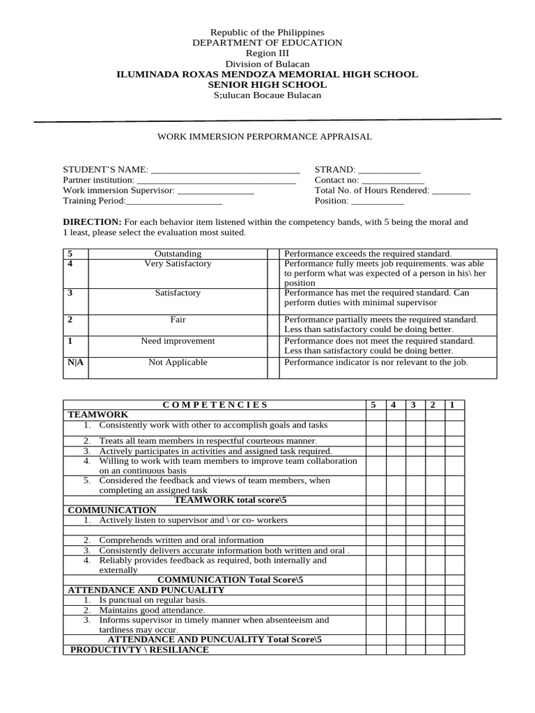 Work Immersion Perpormance Appraisal | PDF | Performance Appraisal | Social Psychology