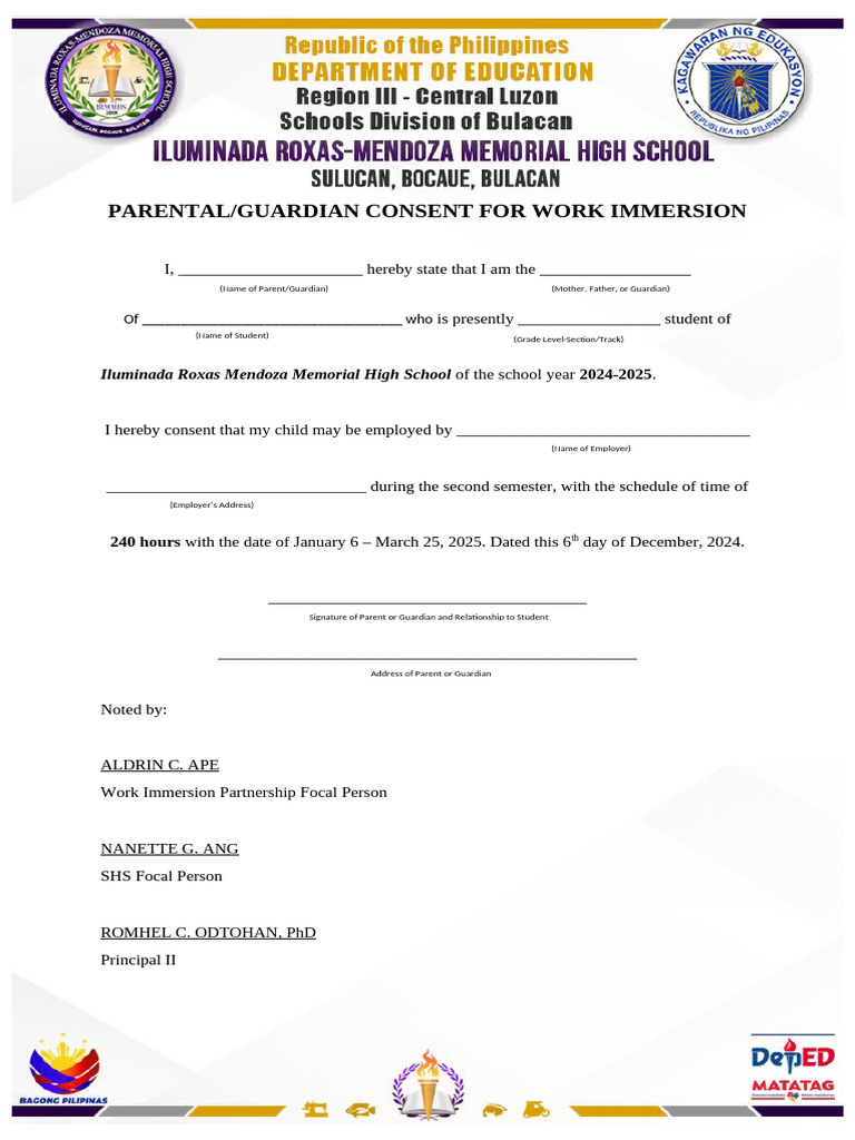 Parent Consent for Work Immersion | PDF