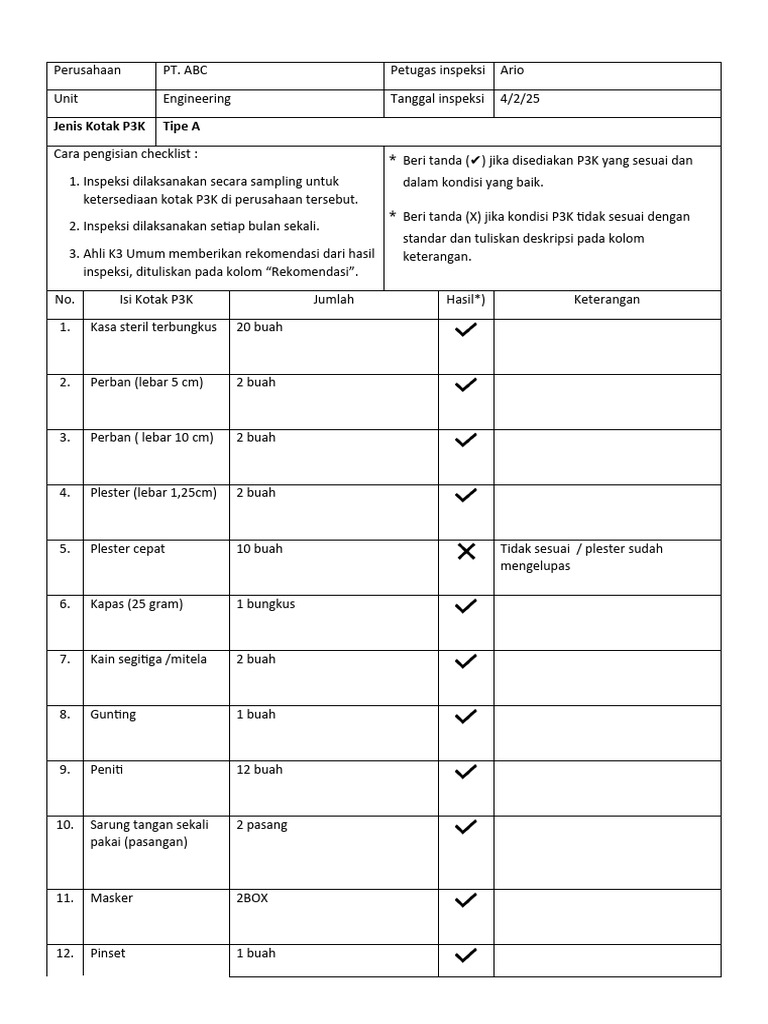 Form Inspeksi P3K | PDF