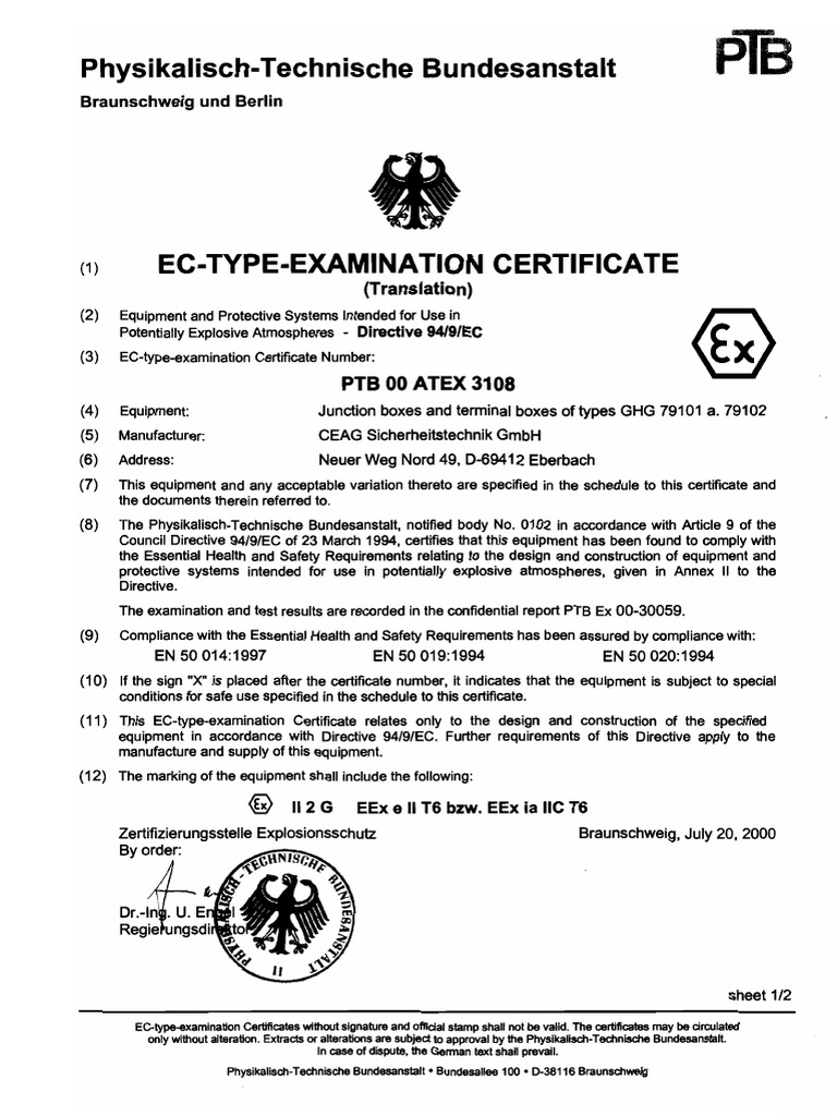 Certificat Atex Ptb00atex3108 | PDF