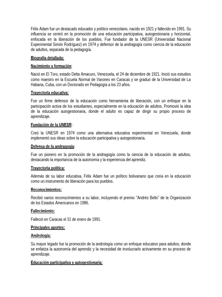 Biografía de Félix Adam: Educador y Político | PDF