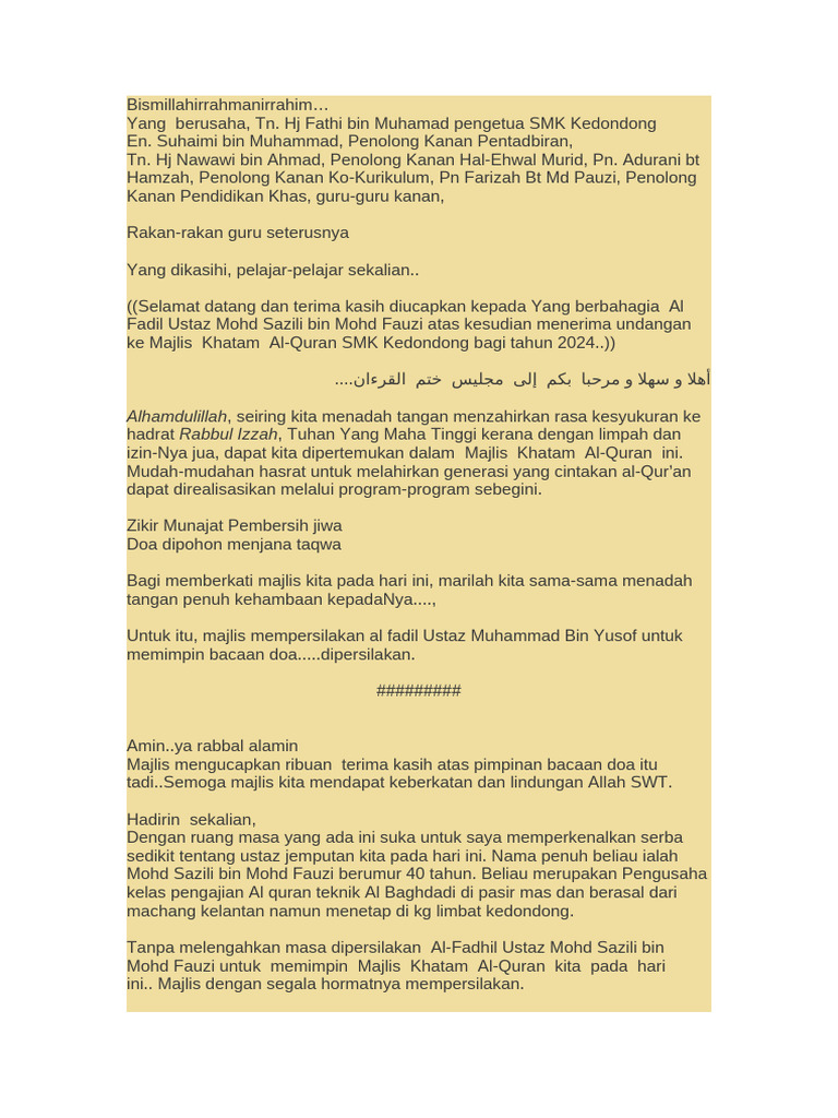 Teks MC Majlis Khatam | PDF
