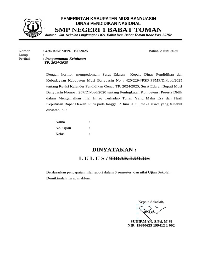 Surat Pengumuman Kelulusan 2025 | PDF