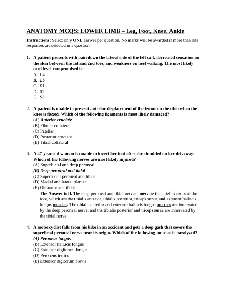 ANATOMY MCQ Lower Limb Hip - Legs, Foot, Ankle, Knee With Answers | PDF | Foot | Human Leg