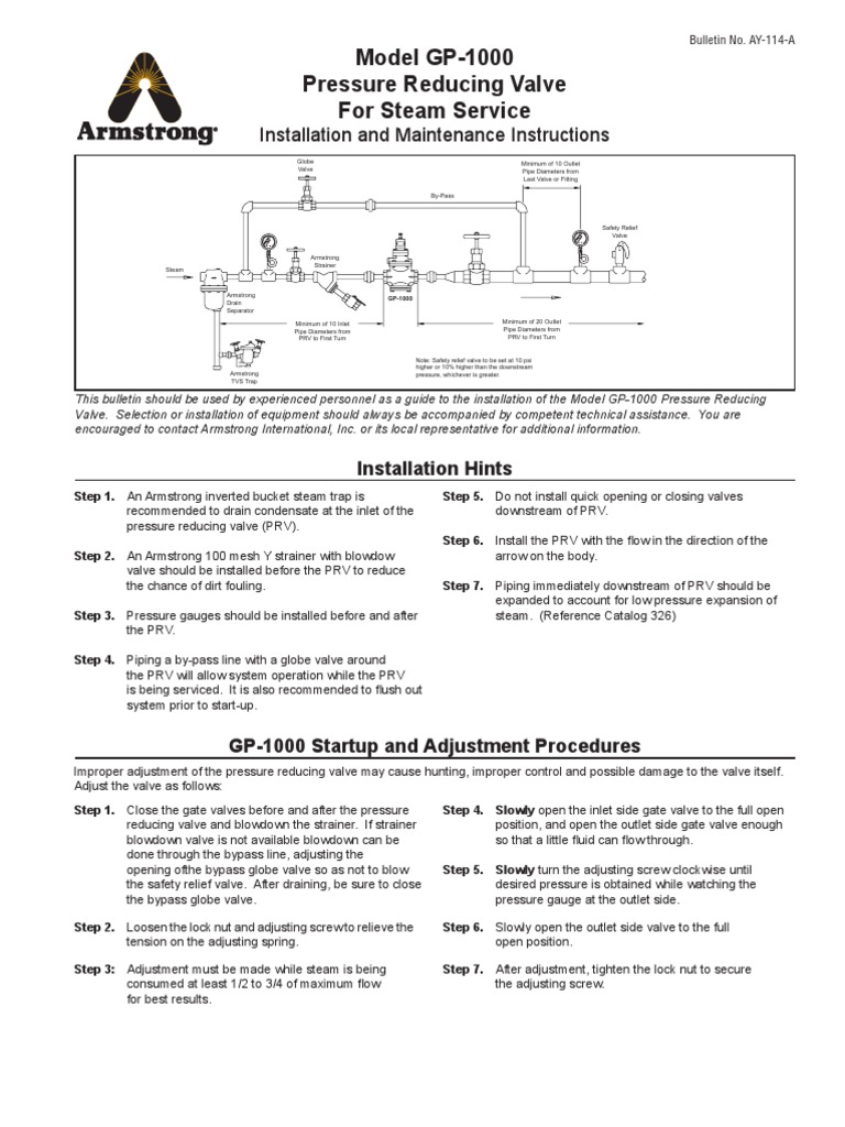Model GP-1000 Pressure Reducing Valve For Steam Service: Installation ...