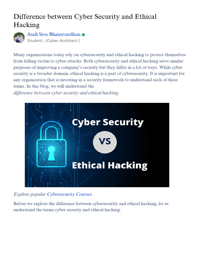 Difference Between Cybersecurity and Ethical Hacking! | PDF | Security | Computer Security