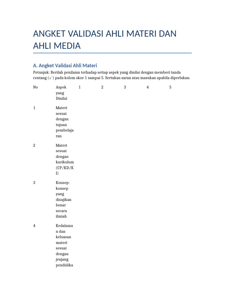 Angket Validasi Materi Dan Media | PDF
