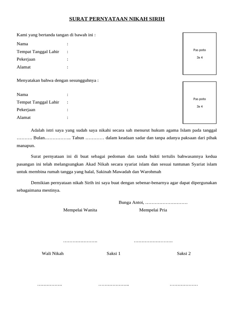 Surat Pernyataan Nikah Sirih | PDF