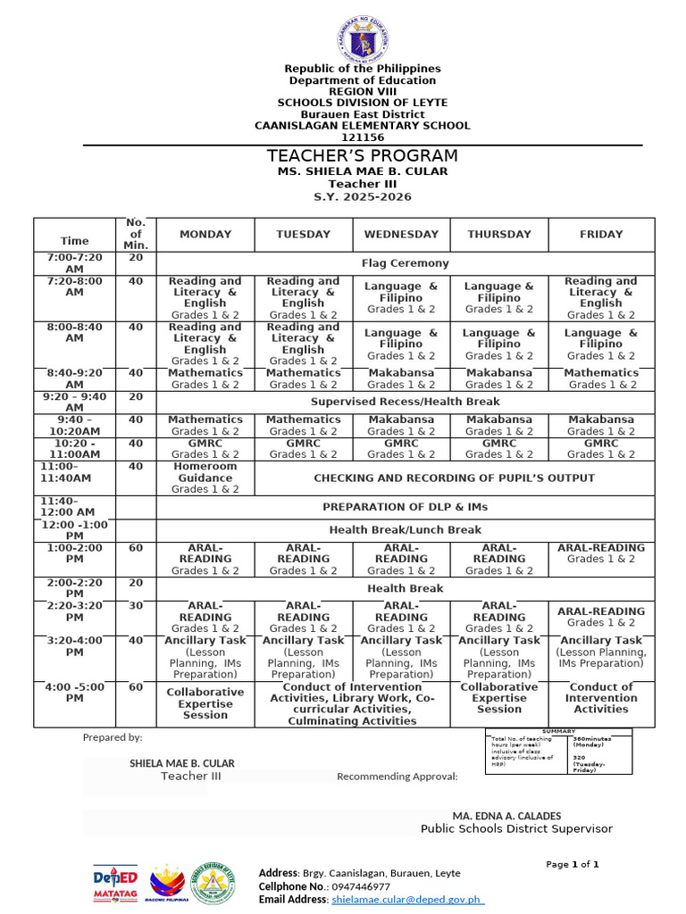 Grades 1 & 2 - Final Teacher's Program 2025-2026 | PDF | Human Communication | Learning