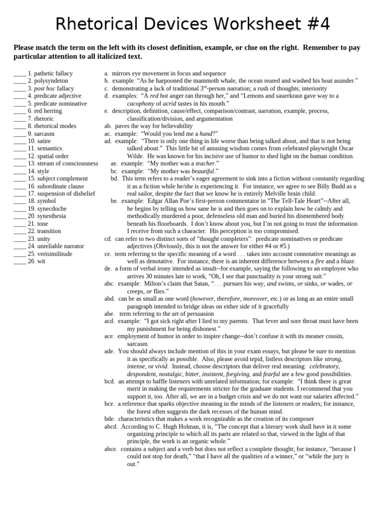 Rhetorical Devices Worksheet 4 | PDF