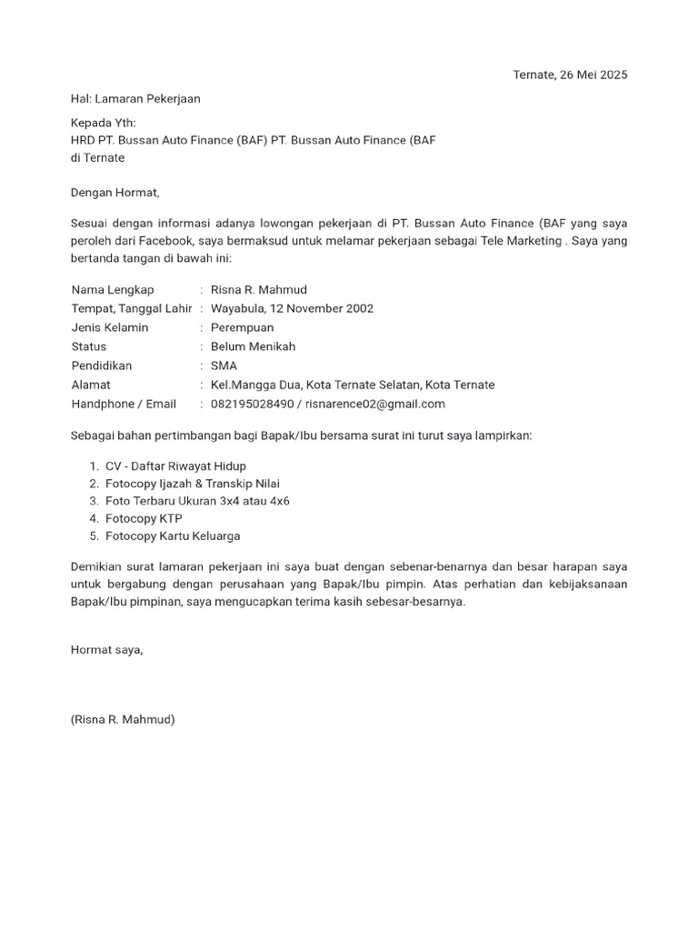 Lamaran-PT. Bussan Auto Finance (BAF | PDF