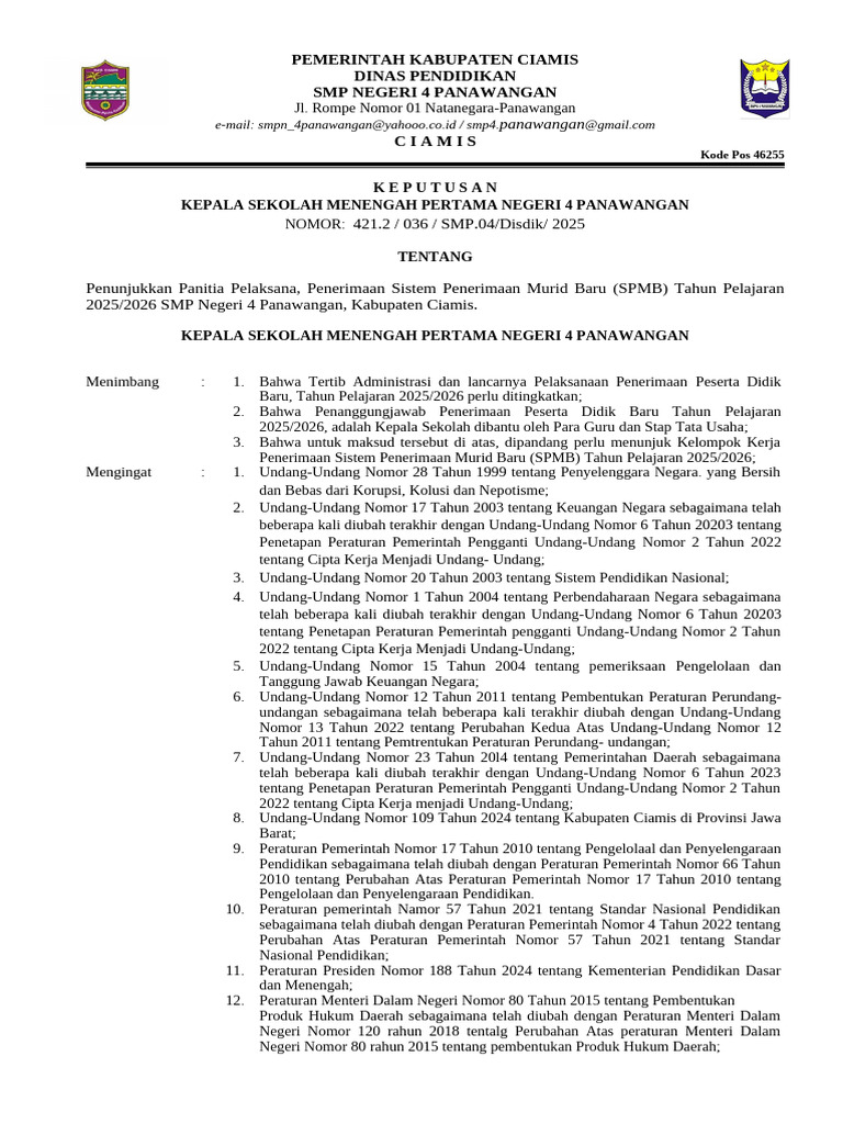 SK Panitia SPMB SMP 2025/2026 | PDF