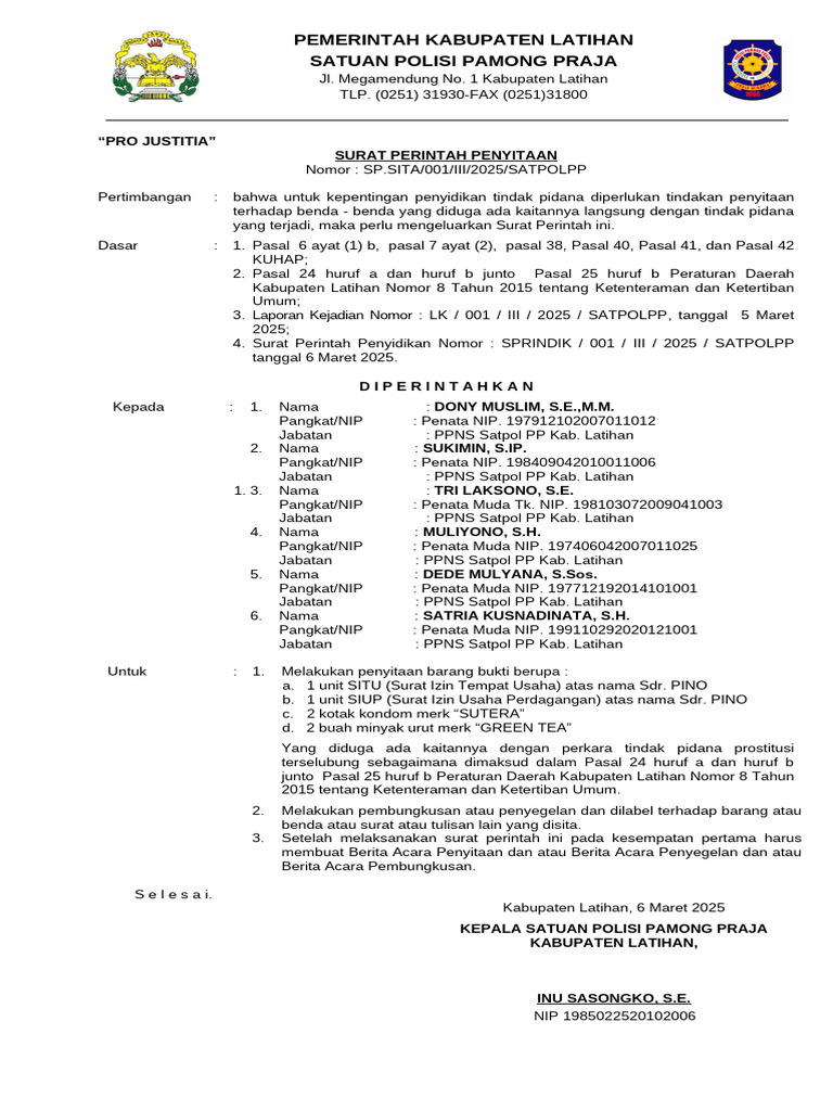 Surat Perintah Penyitaan Barang Bukti | PDF