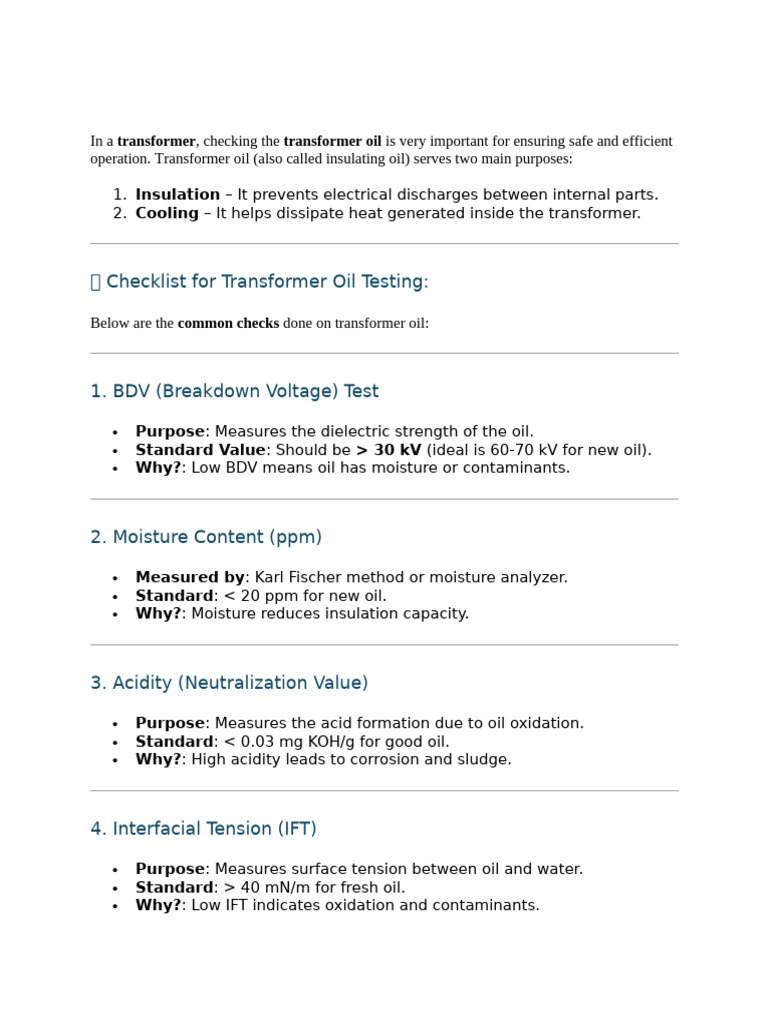 Checklist For Transformer Oil Testing | PDF | Transformer | Insulator ...