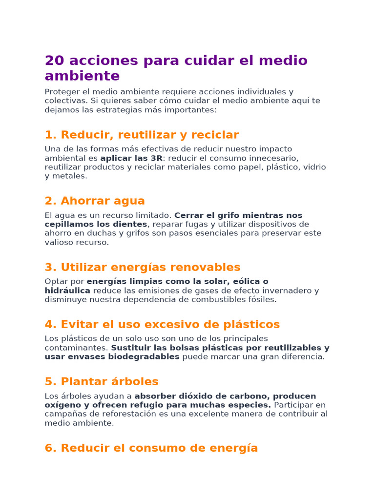 20 Acciones para Cuidar El Medio Ambiente | PDF | Residuos | Energía ...