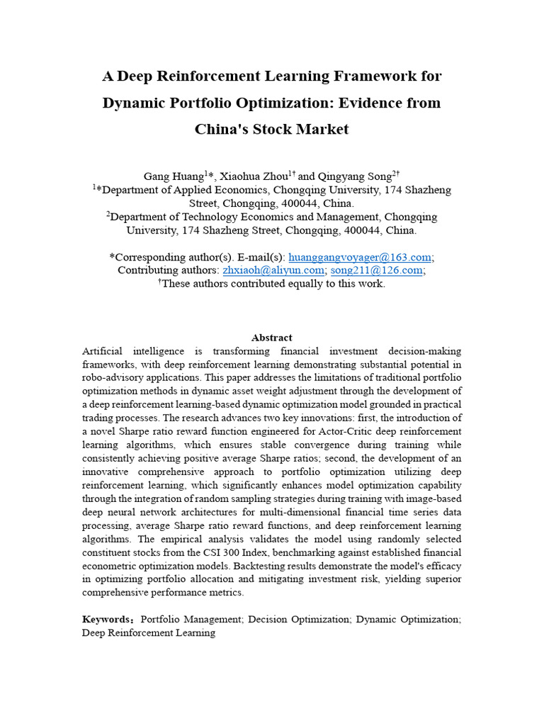 Deep Reinforcement Learning for Portfolio Optimization | PDF ...