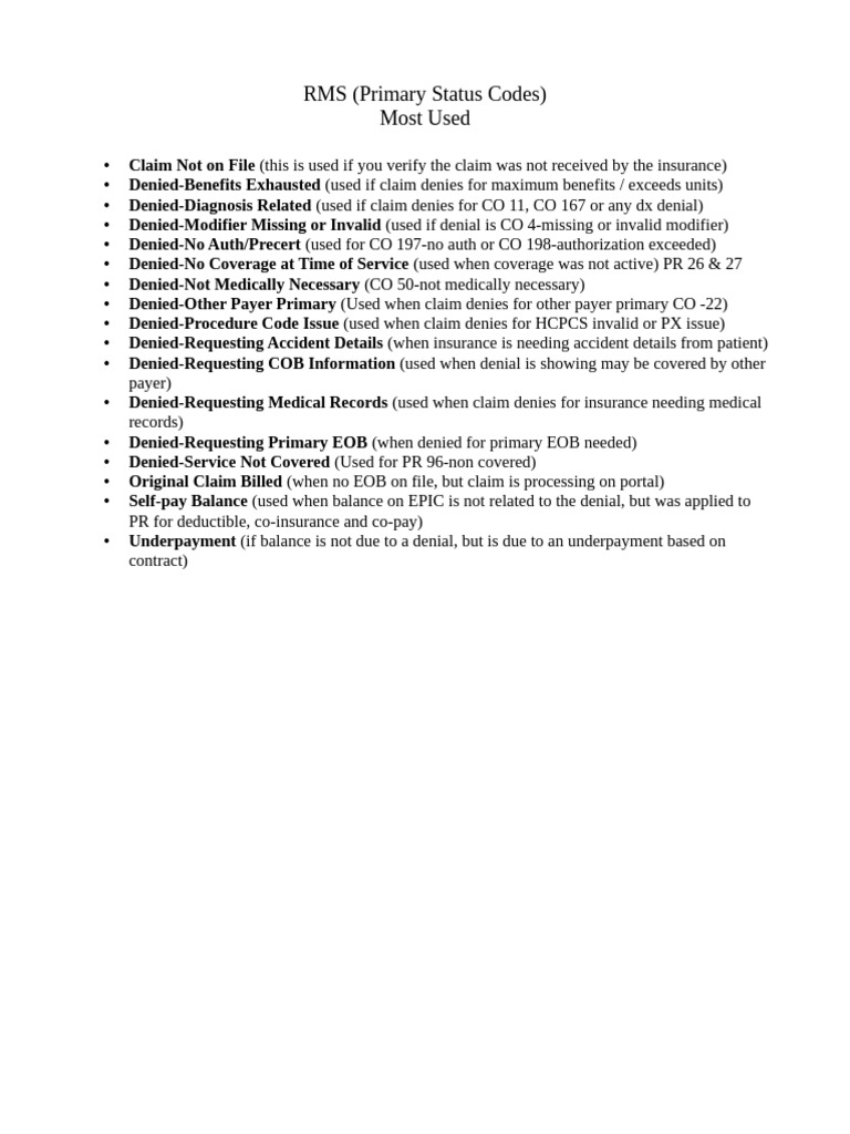 RMS Commonly Used Status Codes | PDF