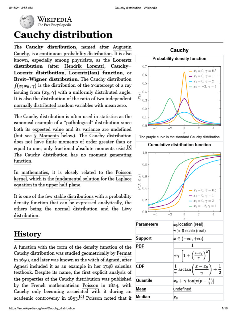 Cauchy Distribution - Wikipedia | PDF | Probability Distribution ...
