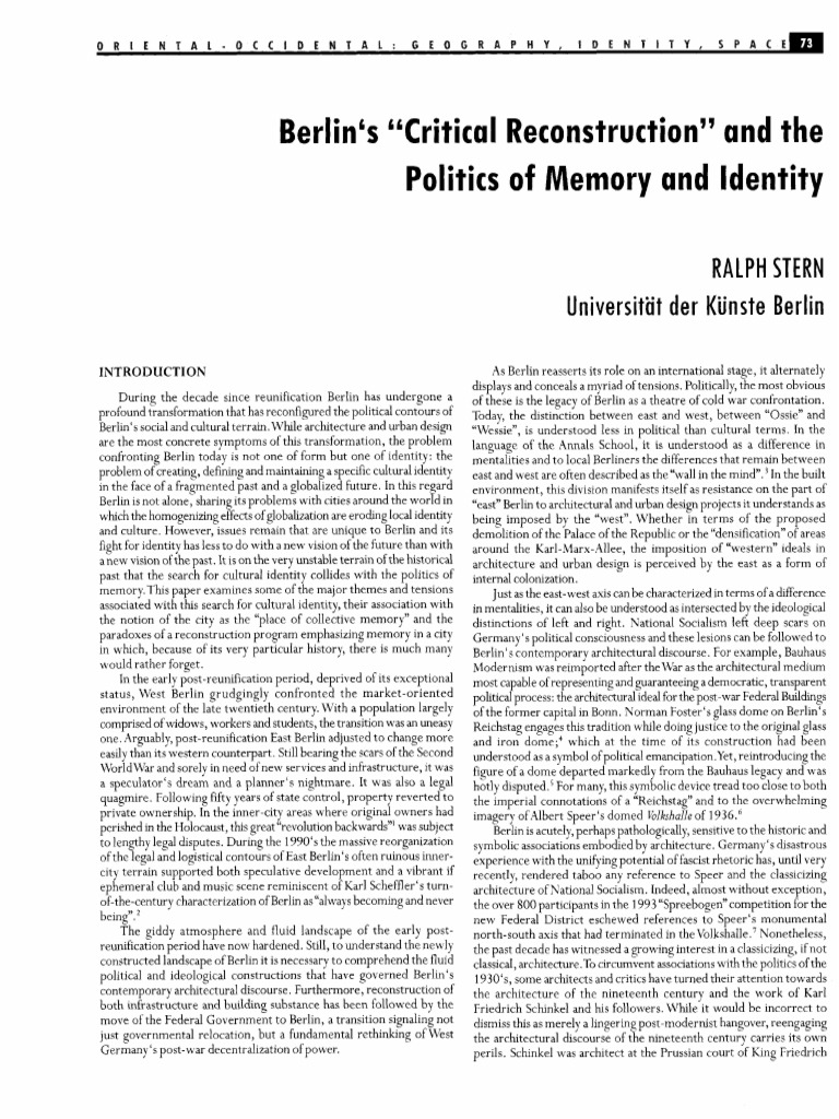 Berlin's Critical Reconstruction and The Politics of Memory and ...