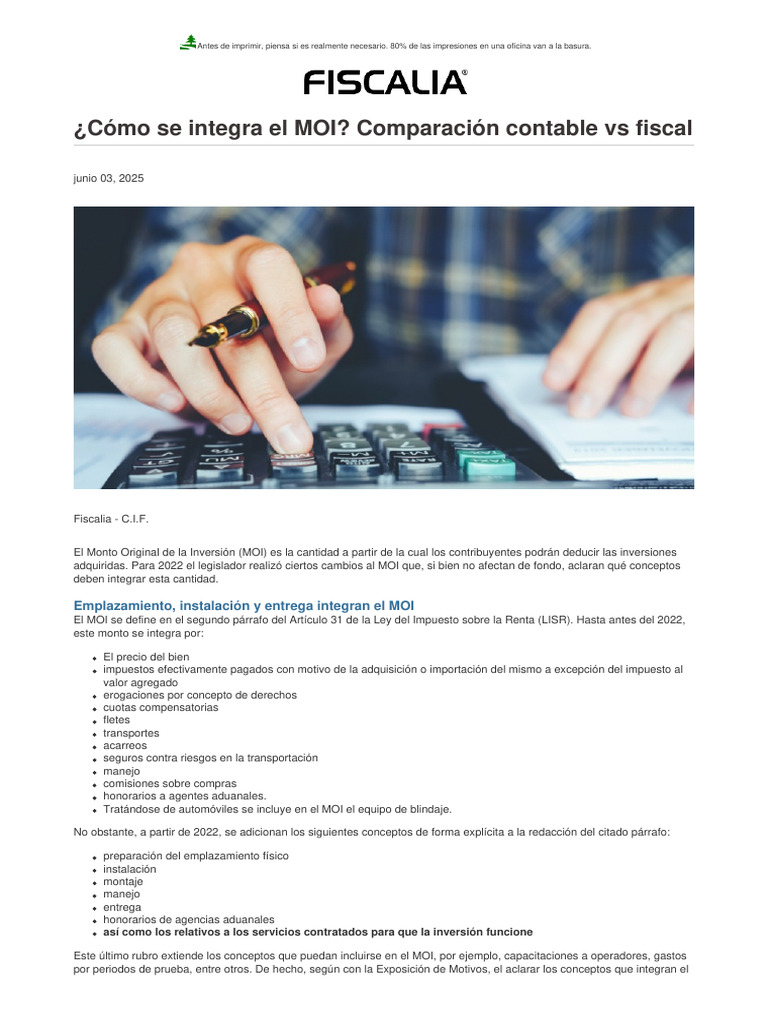 Integración del MOI: Contable vs Fiscal | PDF | Impuestos | Contabilidad