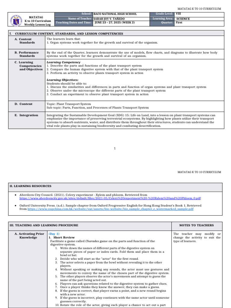 DLL Matatag - Science 8 Q1 W2 | PDF | Leaf | Root