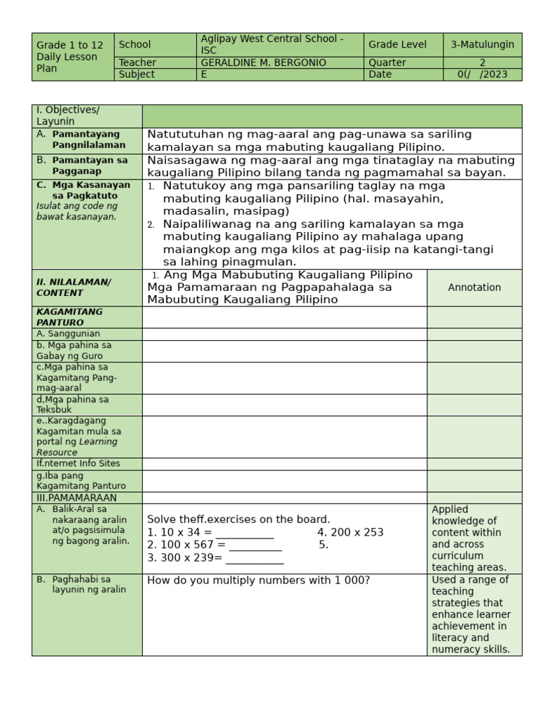 Grade 1 To 12 Daily Lesson Plan Math | PDF | Procedural Knowledge ...