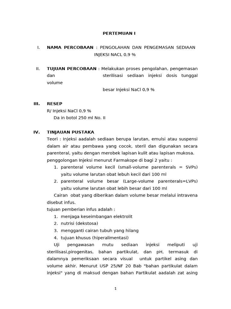 Pengolahan Sediaan Injeksi NaCl 0,9% | PDF