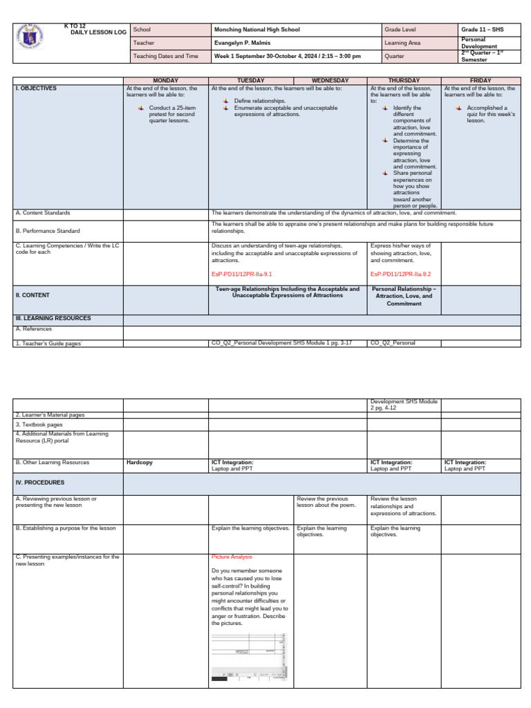 Grade 11 Personal Development Lesson Plan | PDF | Love | Learning