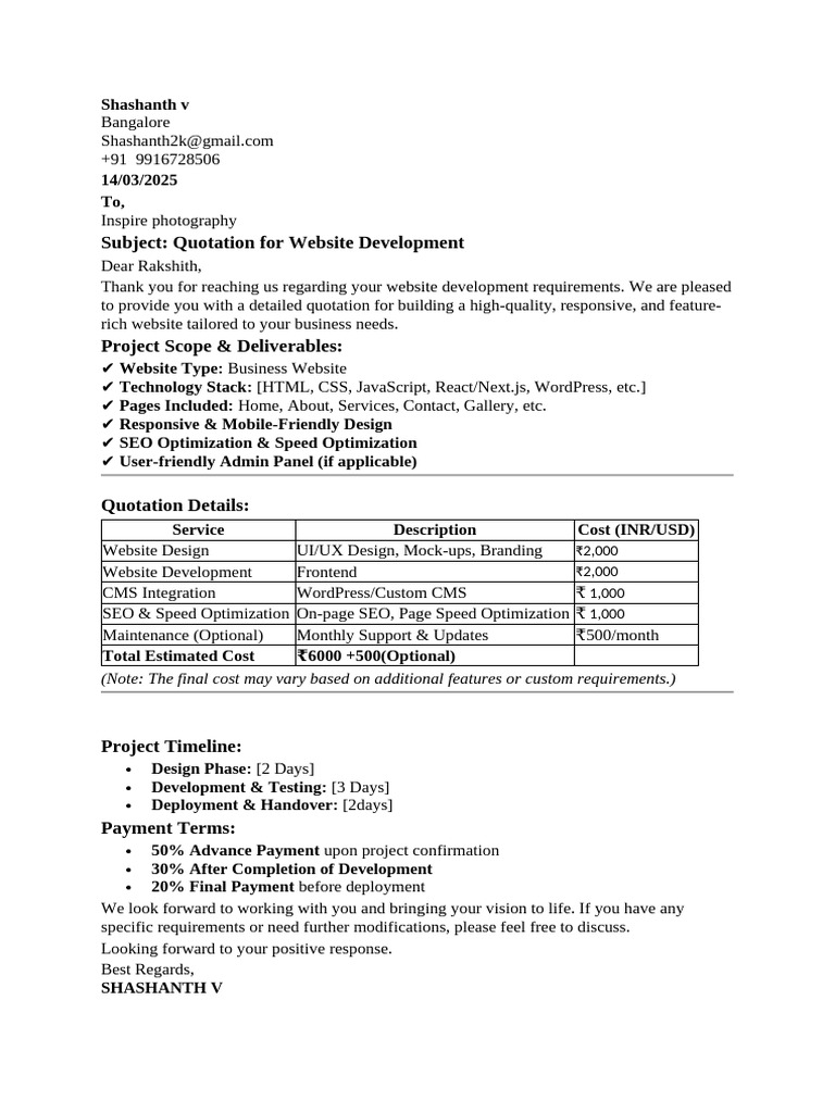 Website Development Quotation Details | PDF