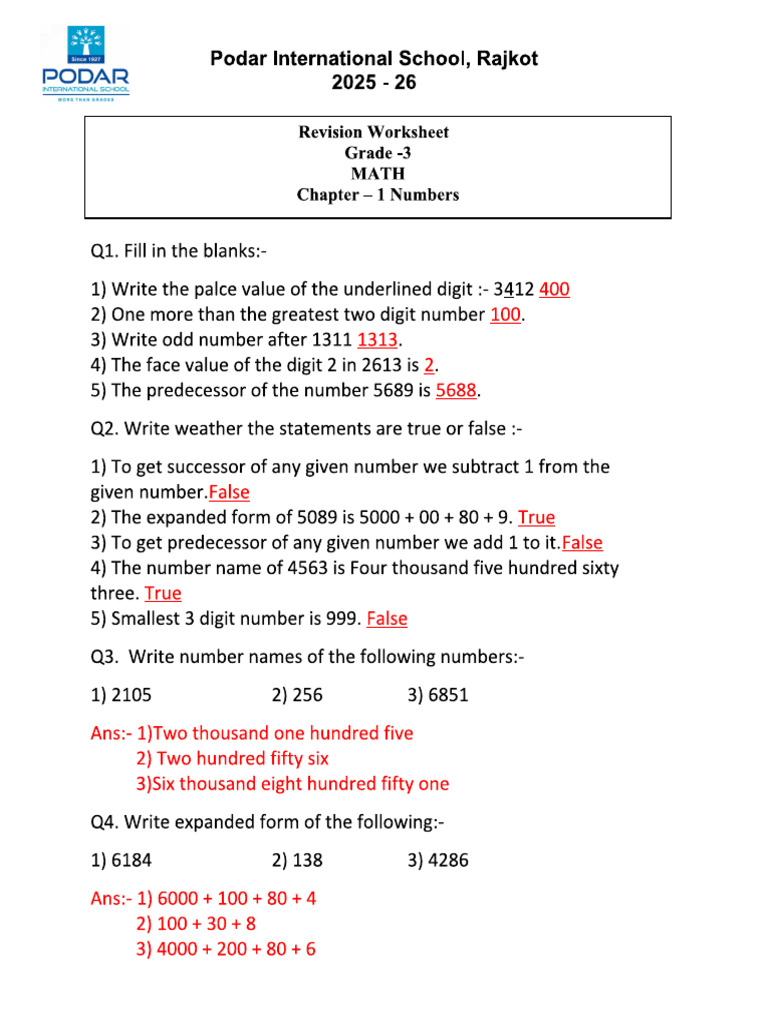 G3 MATH CH.1 - As Revision Worksheet | PDF