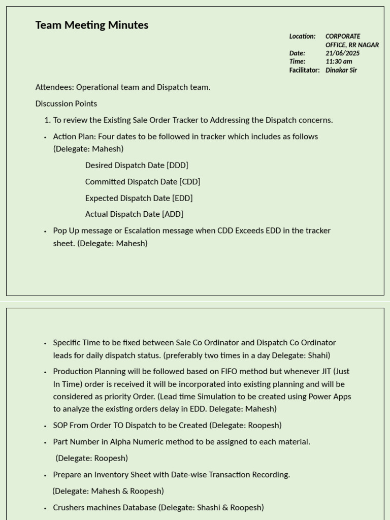 Team Meeting Minutes - Dispatch Review | PDF