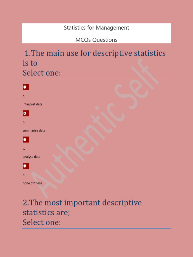 Management Statistics MCQs Guide | PDF | Statistical Significance ...