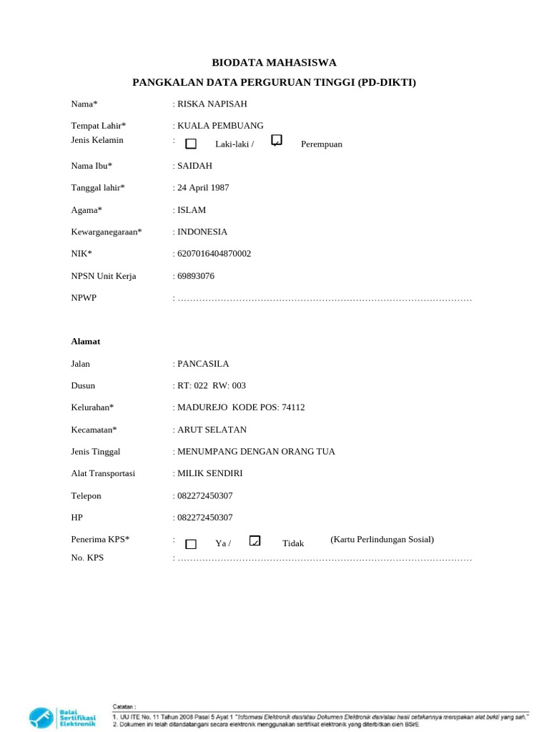 Format Biodata Mahasiswa | PDF